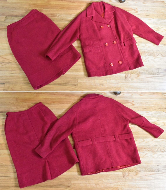 RASPBERRY 1950's 60's Vintage Deep Red Wool Suit w/ J… - Gem