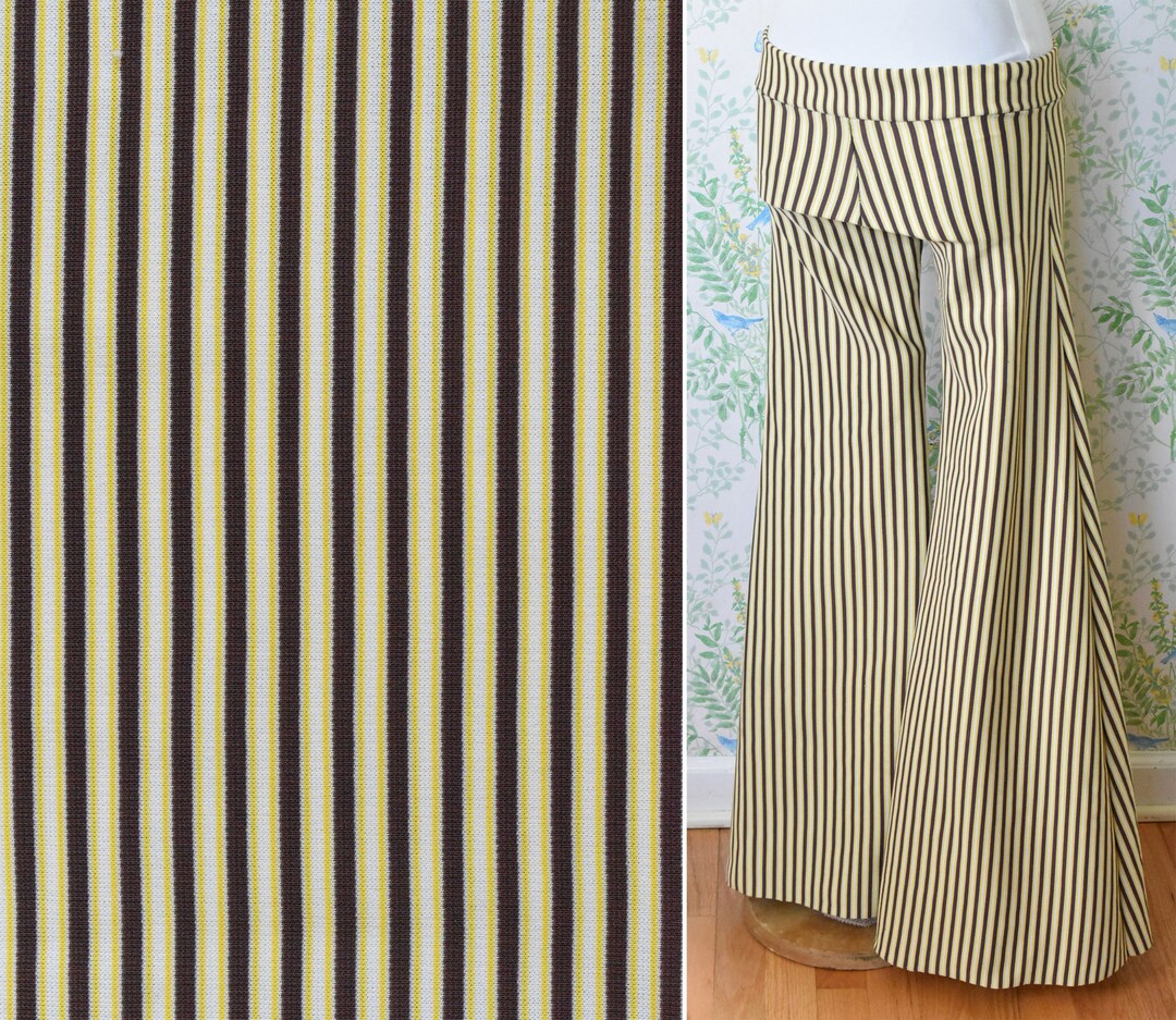 STRIPES 1970's Vintage Light Yellow + Brown Striped Polyester Bell ...