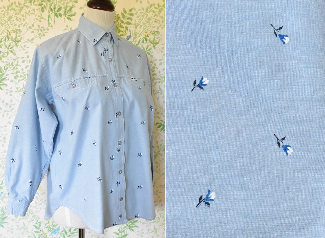 COTTON Flowers 1980's 90's Vintage Light Blue Button Down Cotton Shirt ...