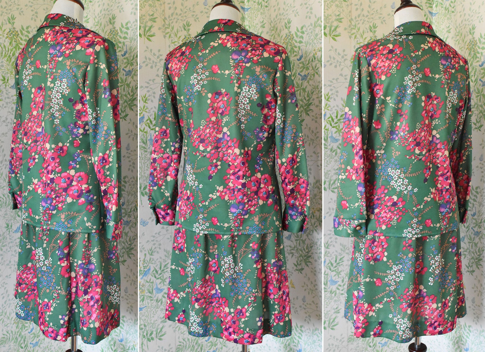 FLOWERS 1970's Vintage MOD Deep Green Hot Pink Floral | Etsy