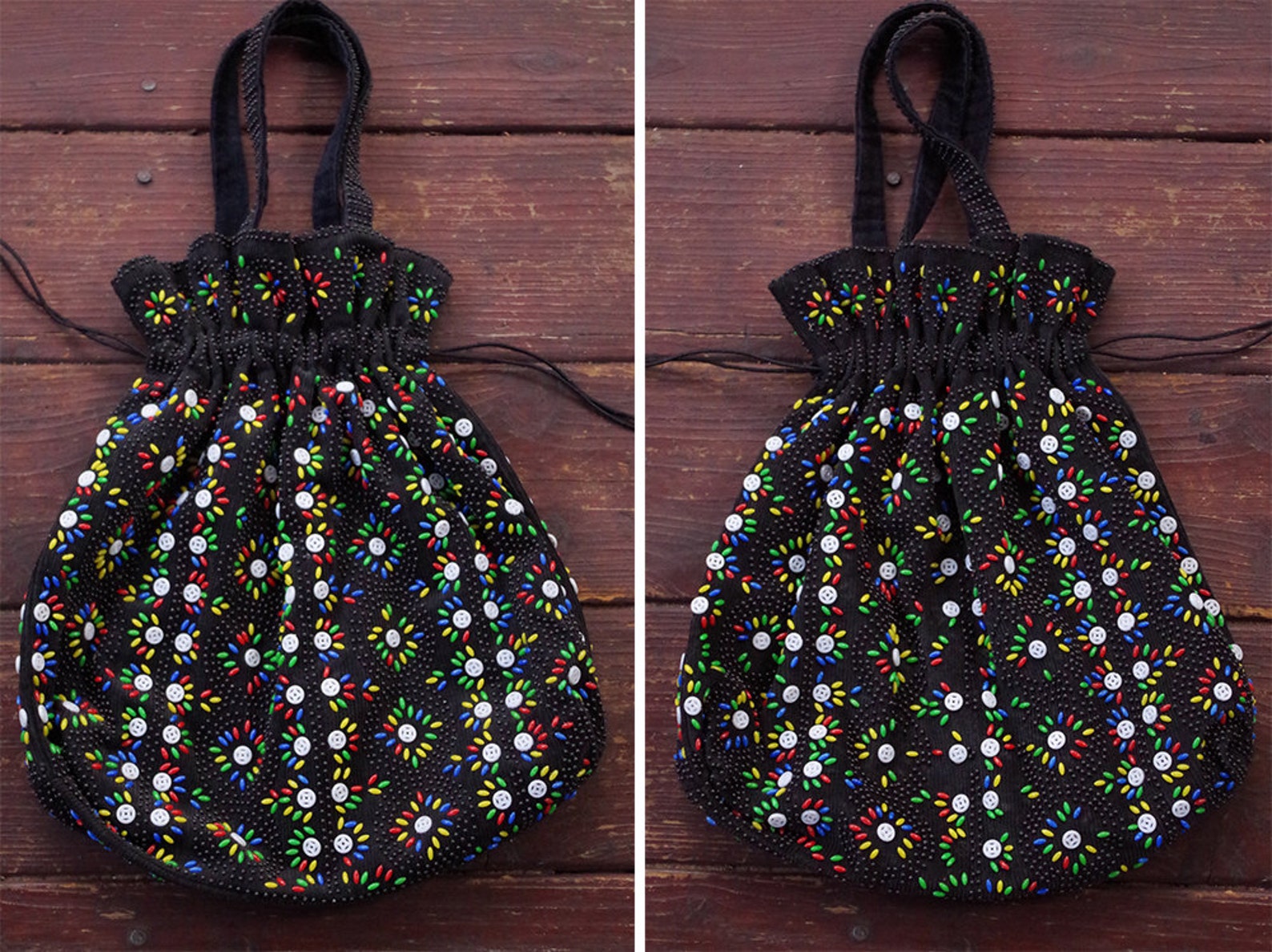 BEADED 1960's 70's Vintage Large Black Corduroy Purse | Etsy