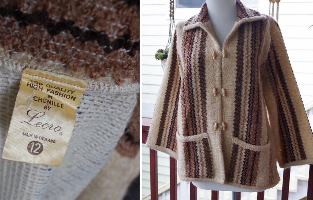 ZIGZAG 1970's Vintage Light Tan + Brown Striped Chenille Knit Cardigan ...