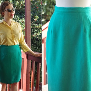 TEAL 1980's 90's Vintage Bright Solid Teal Blue WOOL Pencil Skirt ...