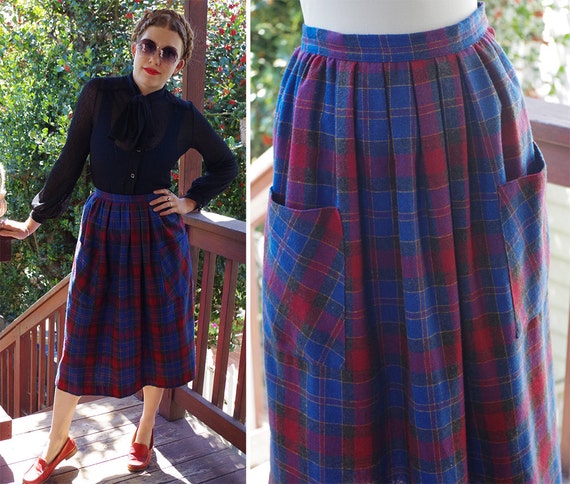 Deep BLUE 1970's 80's Vintage Red + Blue Plaid Wool 4… - Gem