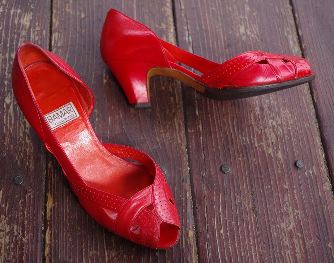 CHERRY 1980's Vintage Italian Red Leather Peeptoe Heels With Cut Outs ...
