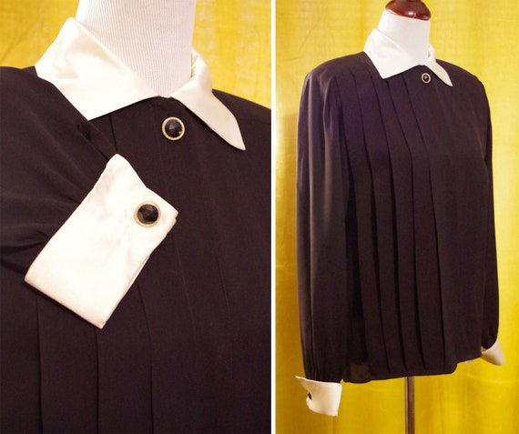 NOIR 1980's Vintage Black Pure SILK Shell Blouse w/ P… - Gem