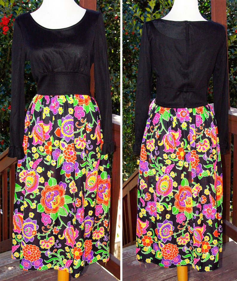 NEON Psychedelic 1960's 70's Vintage Black Dress With | Etsy