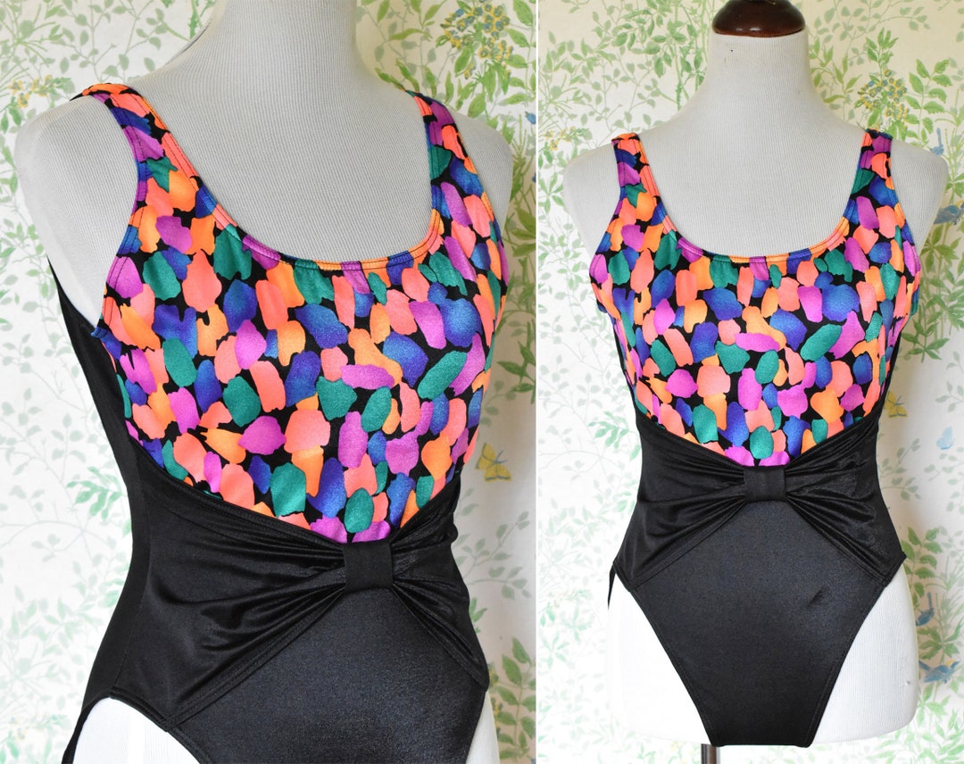 HOT Neon 1980's 90's Vintage Black Colorful Bright Dotted One Piece ...