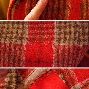Woven PLAID 1950's 60's Vintage Bright Ruby Red + Tan Brown Plaid Wool ...