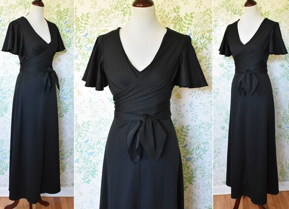 Solid BLACK 1960's 70's Vintage Long Polyester Maxi D… - Gem