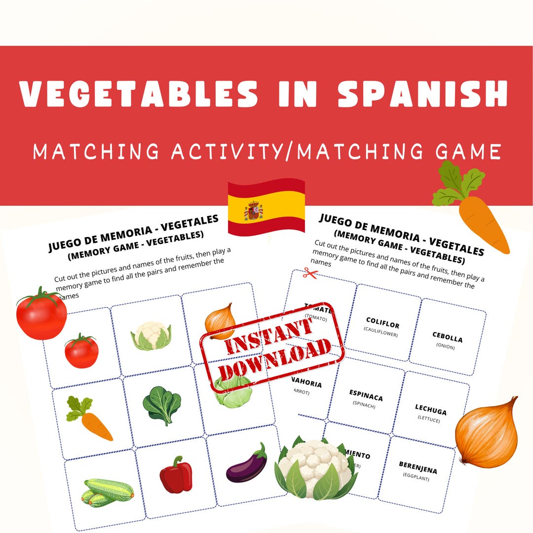 Spanish Vocabulary Vegetables Printable, Montessori Game, Worksheets ...