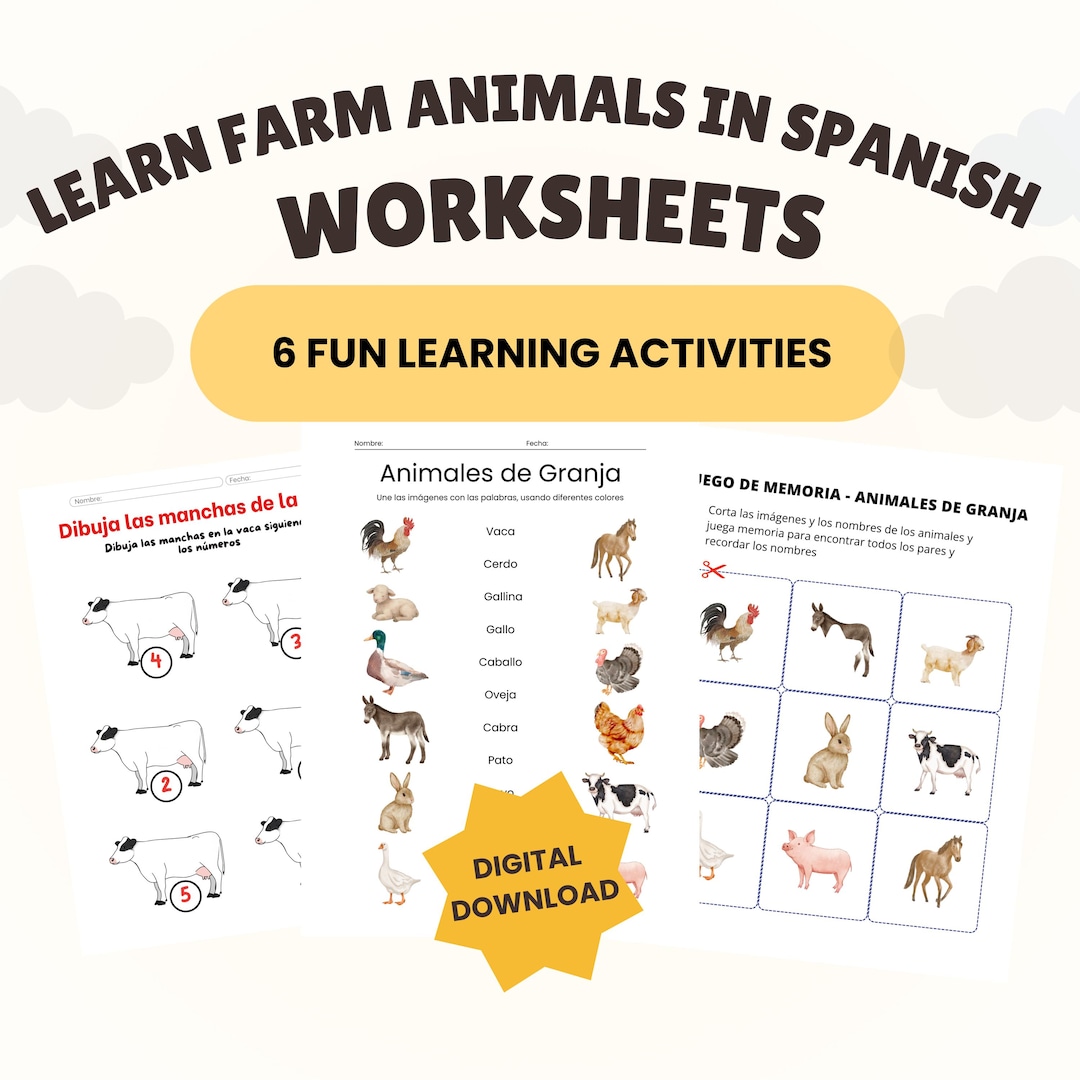 Spanish Vocabulary Farm Animals Printable, Bilingual Book, Animal Lover ...