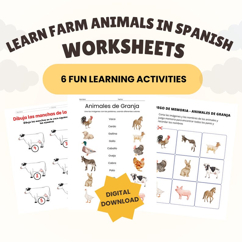 Spanish Vocabulary Farm Animals Printable, Bilingual Book, Animal Lover ...