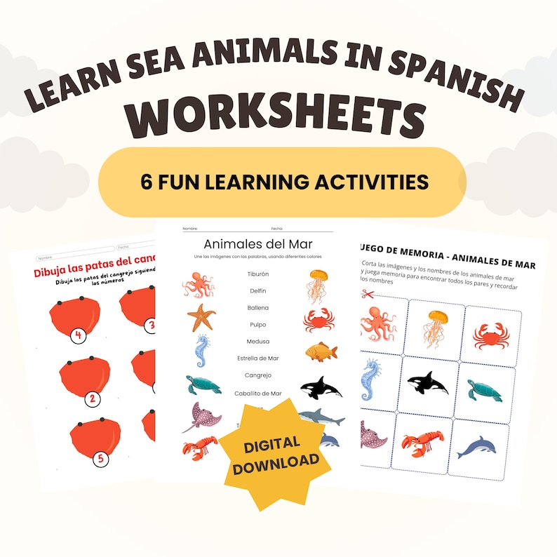 Learn Sea Animals in Spanish Worksheets, Ocean Book, Language Learning ...