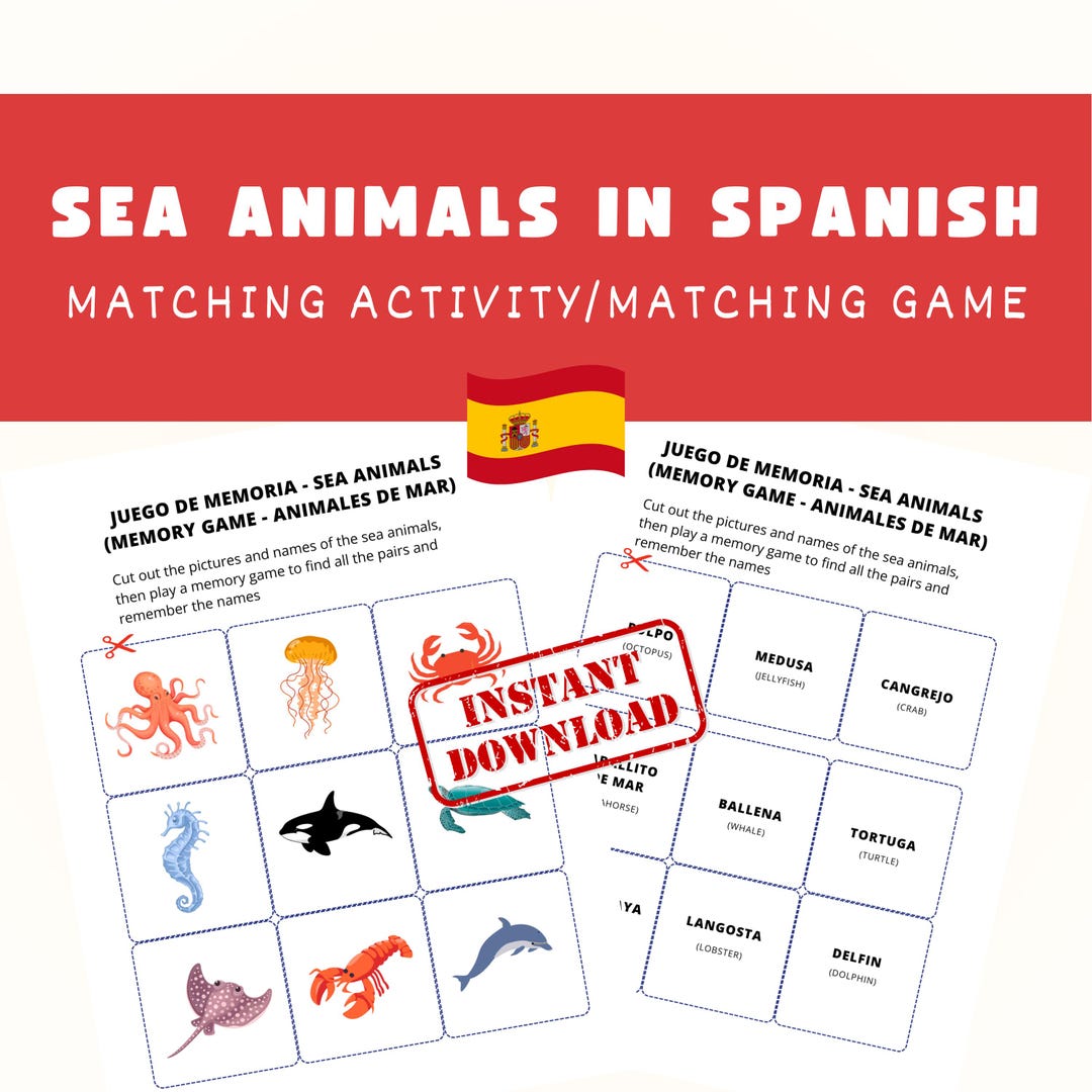 Learn Sea Animals in Spanish Matching Workbook, Montessori Learn ...