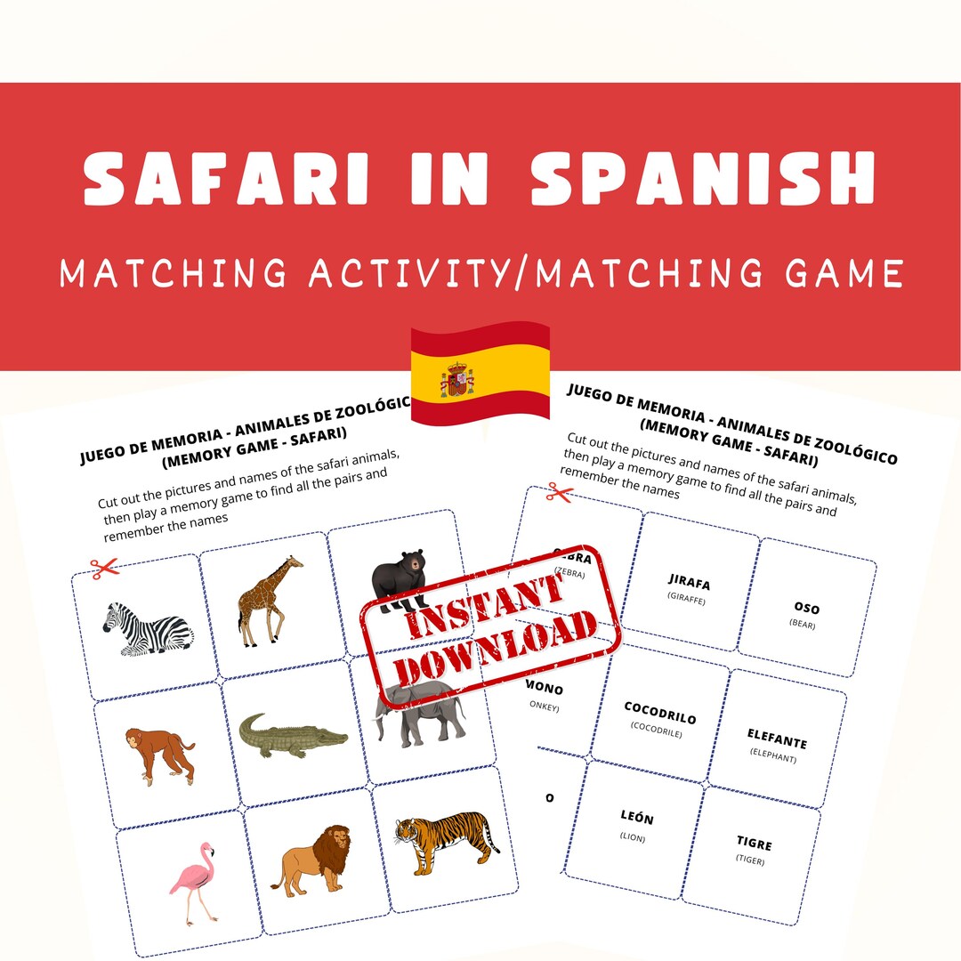 Safari Animals in Spanish Memory Game, Homeschooling Worksheets ...