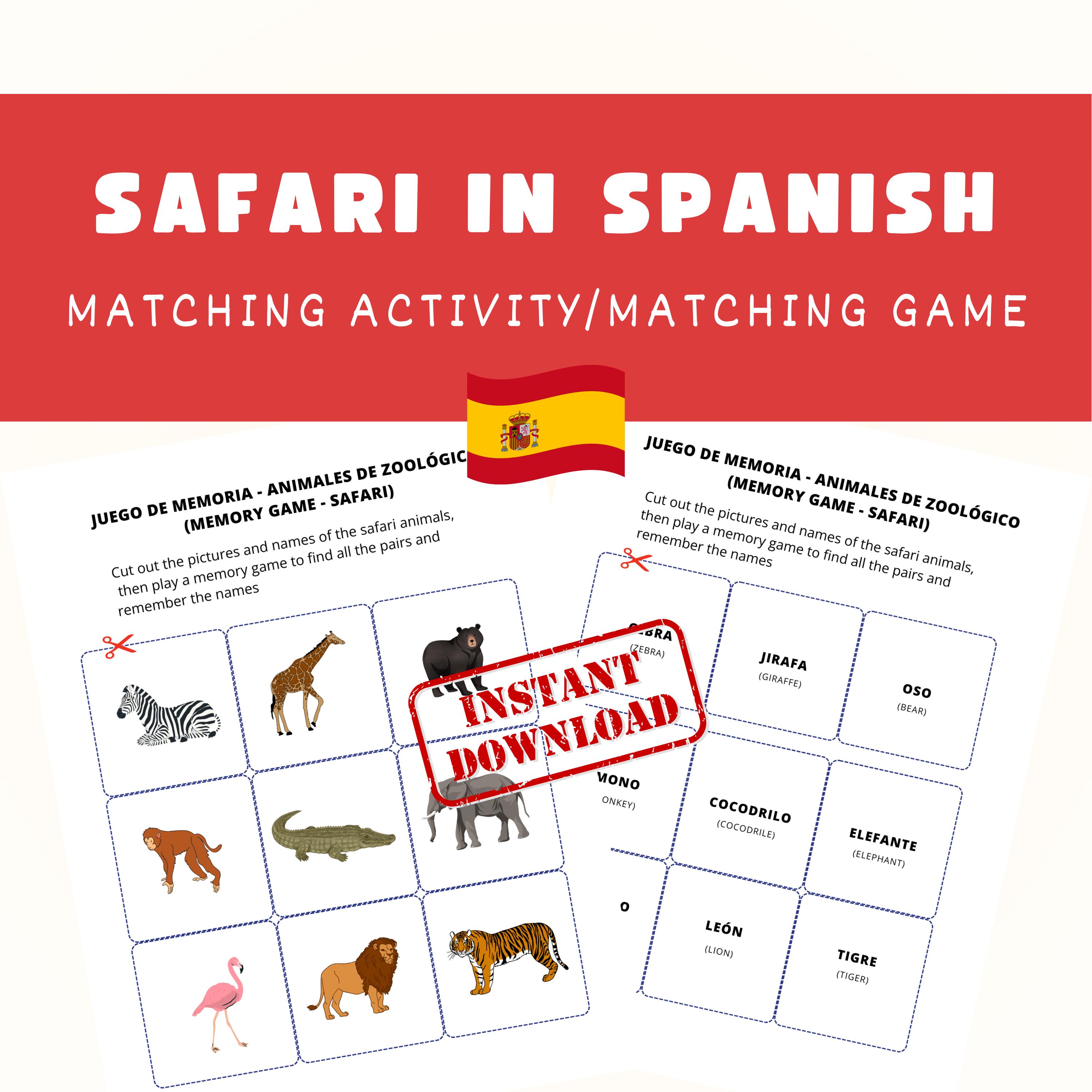 Safari Animals in Spanish Memory Game, Homeschooling Worksheets ...