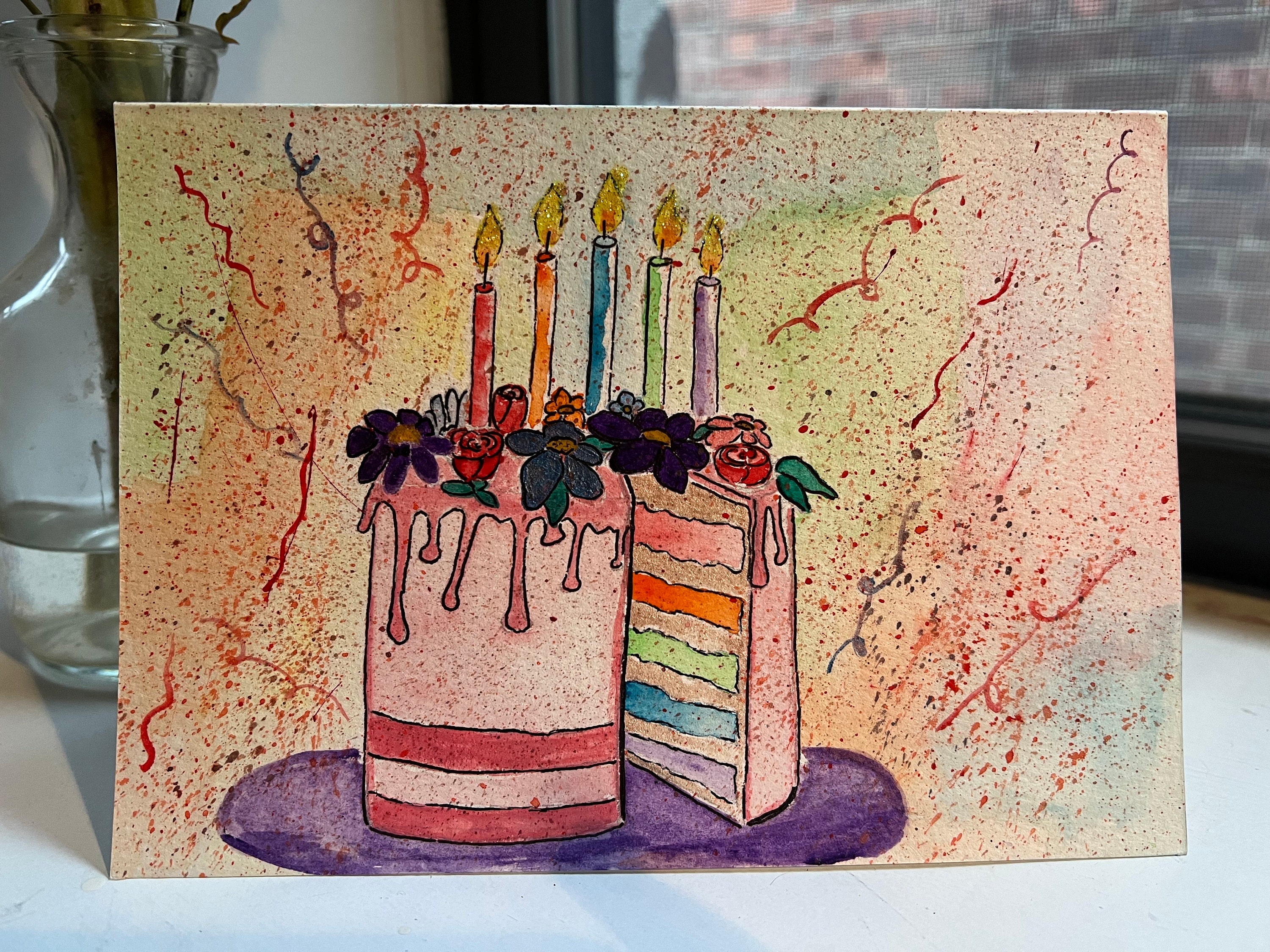 Hand Painted Birthday Cake Card - Etsy