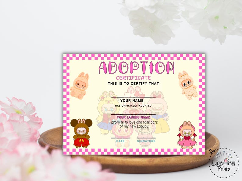 Adopt A Labubu Certificate, Printable Birthday Monster Party Favor ...