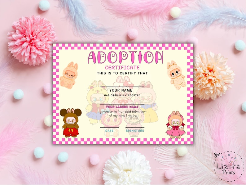 Adopt A Labubu Certificate, Printable Birthday Monster Party Favor ...