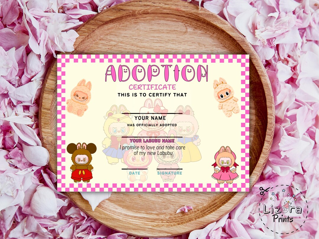 Adopt A Labubu Certificate, Printable Birthday Monster Party Favor ...