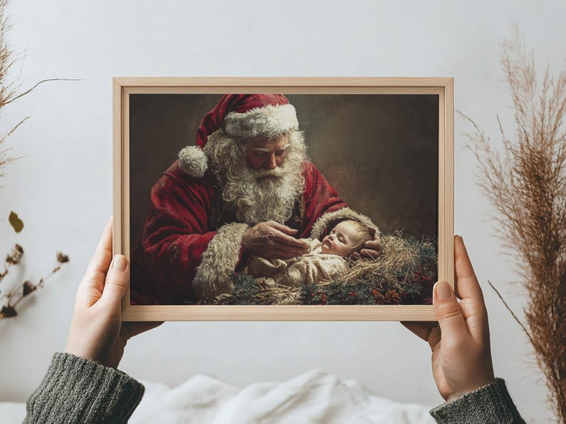 Santa and Baby Jesus Christmas Art Print | Christian Wall Art (instant ...