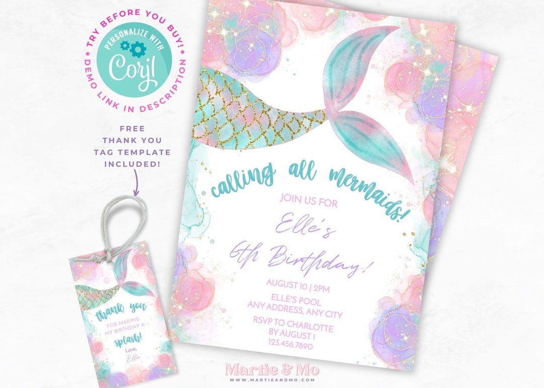Editable Mermaid Birthday Invitation, Mermaid Invite, Calling All ...