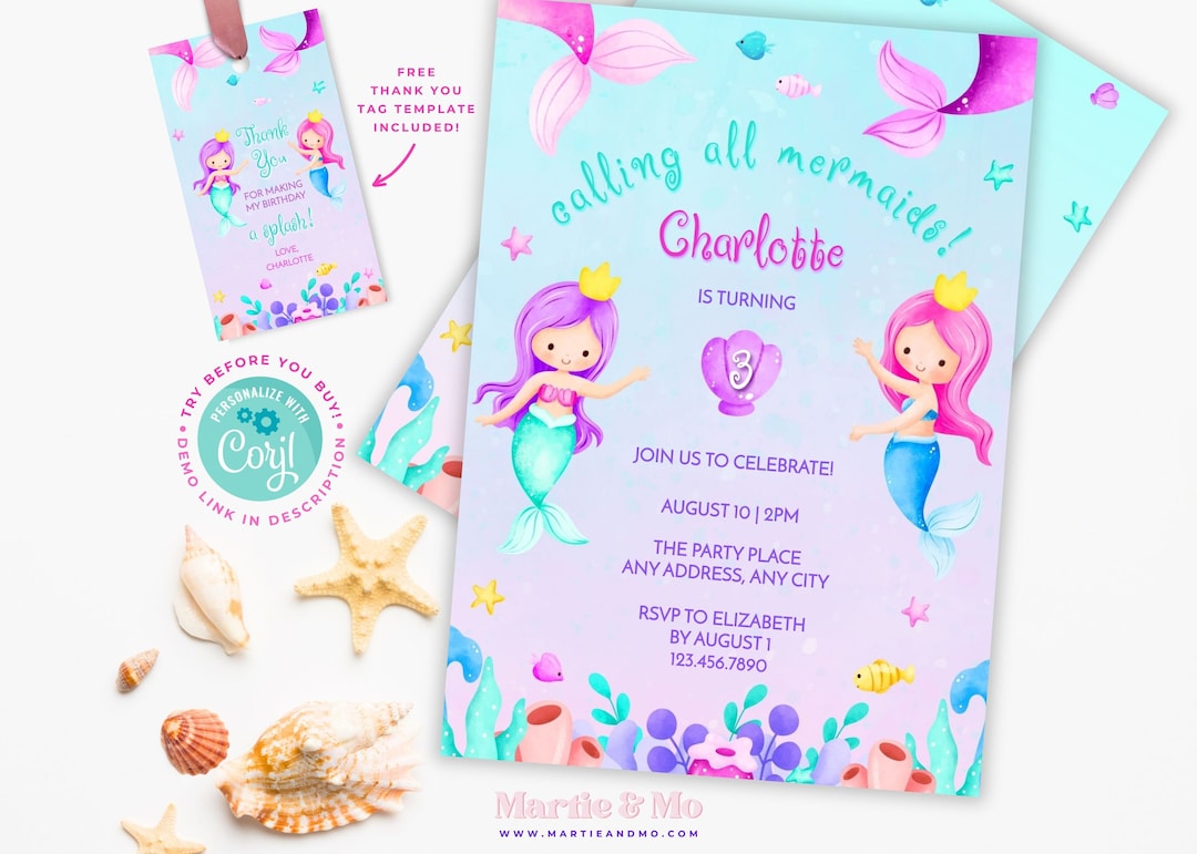 Editable Mermaid Birthday Invitation, Mermaid Invite, Calling All ...