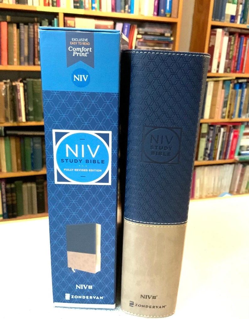 Personalized NIV ZONDERVAN STUDY Bible - Navy Blue/ Tan Leather Soft ...