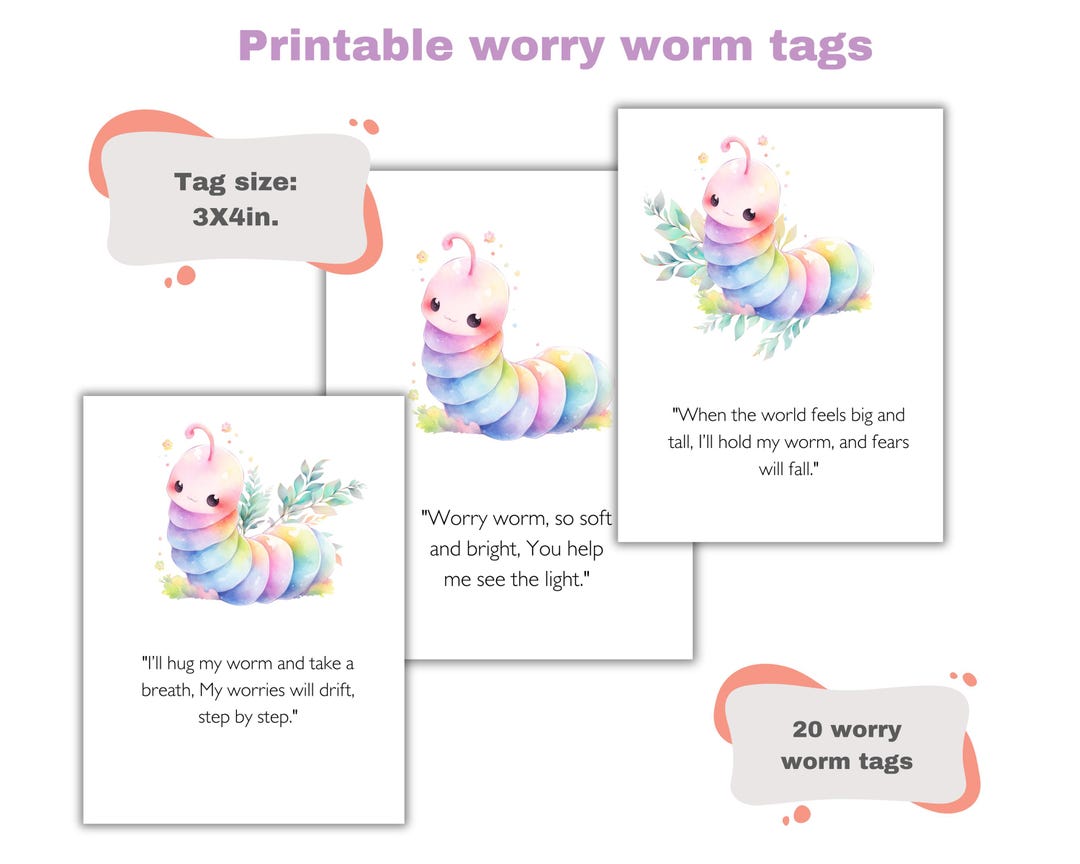 Printable Worry Worm Tags Kids Pocket Worry Worm Tags Instant Download ...