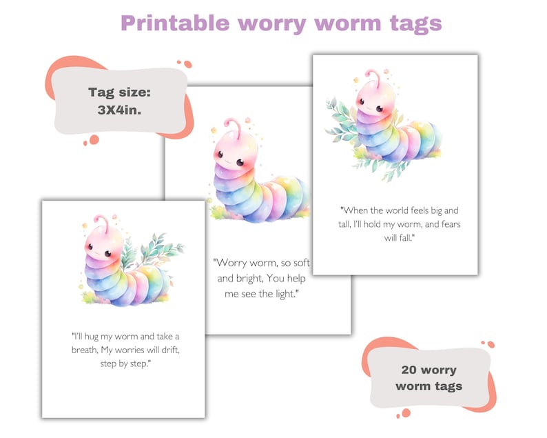 Printable Worry Worm Tags Kids Pocket Worry Worm Tags Instant Download ...