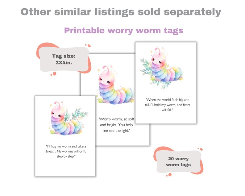 Worry Worm Printable Tags Instant Download Kids Worry Worm Pocket Tags ...