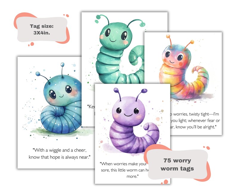 Worry Worm Printable Tags Instant Download Kids Worry Worm Pocket Tags ...