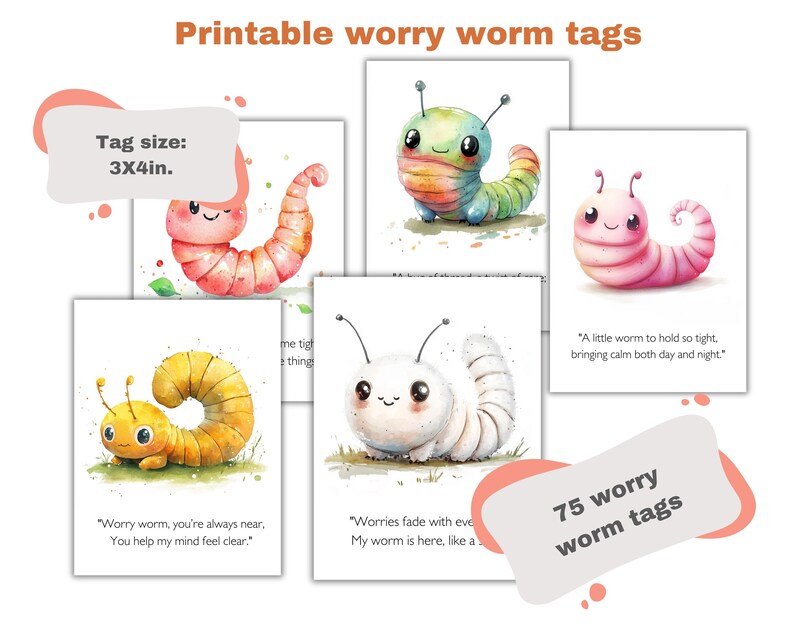 Worry Worm Printable Tags Instant Download Kids Worry Worm Pocket Tags ...