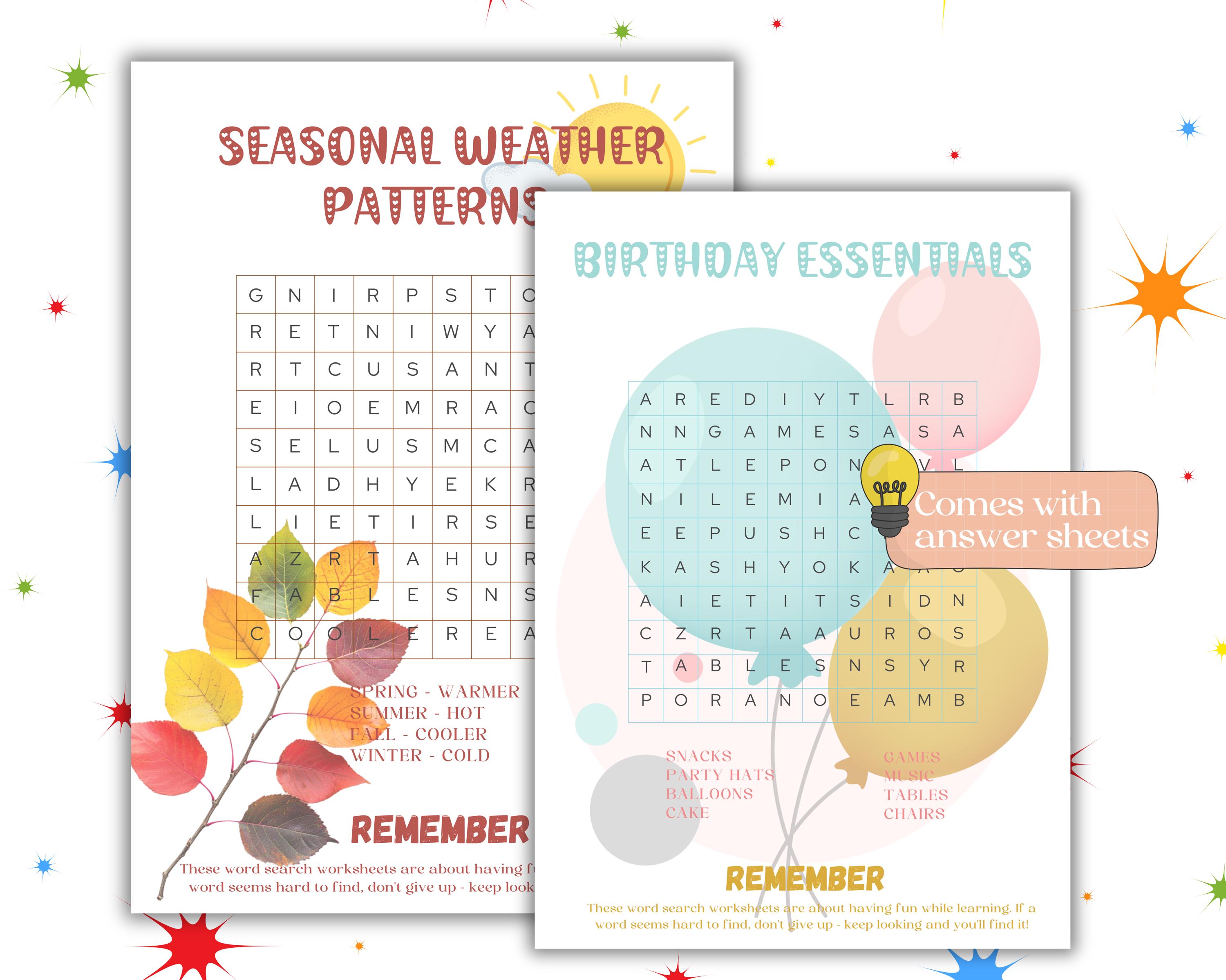 Printable Word Search Puzzle Kids Birthday Party Game Night Instant ...