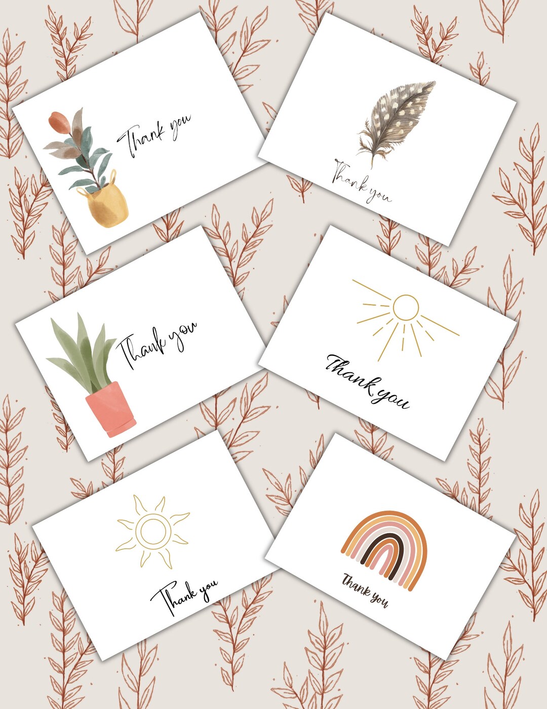 Boho Thank You Notes Set - 6 Assorted Designs - Digital Download Bulk ...