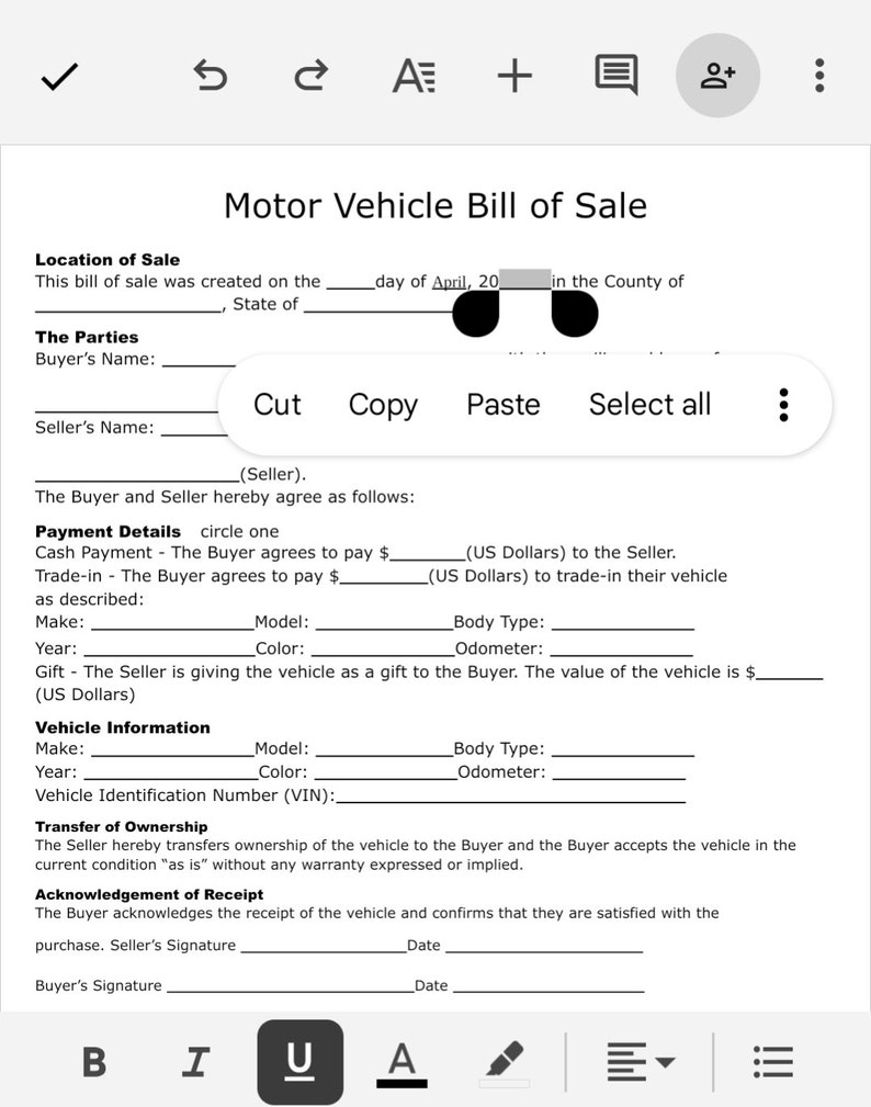 PDF or Docx Printable Motor Vehicle Bill of Sale With Notary Page - PDF ...