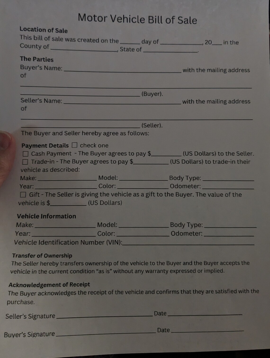 Printable Motor Vehicle Bill of Sale *popular Purchase* Instant ...