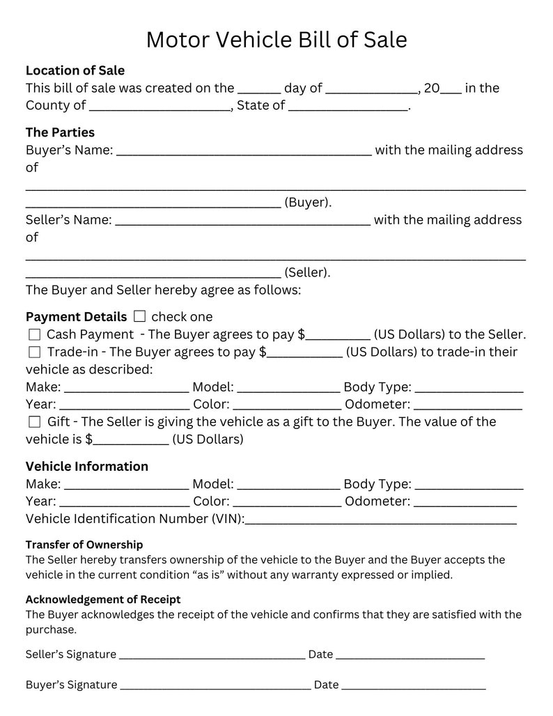 Printable Motor Vehicle Bill of Sale popular Purchase Instant Download ...