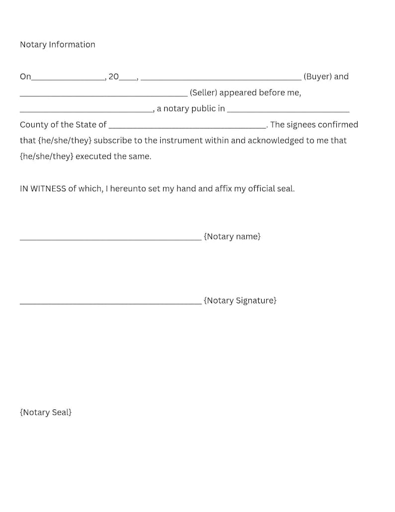 PDF or Docx Printable Motor Vehicle Bill of Sale With Notary Page - PDF ...