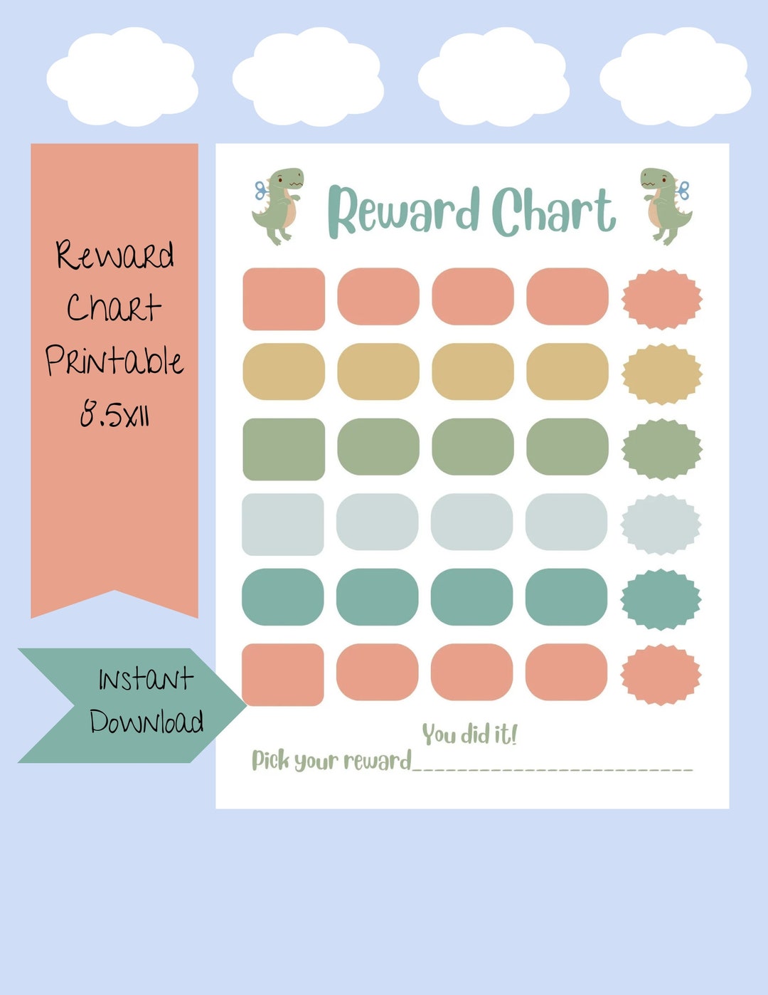 Dino Reward Chart Printable PDF Instant Download - Toddler Reward Chart ...