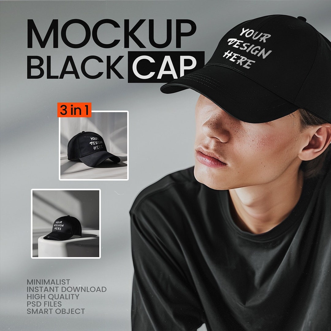 MOCKUP - 3 in 1 Black Cap - PSD File + Smart Object. Minimalist ...