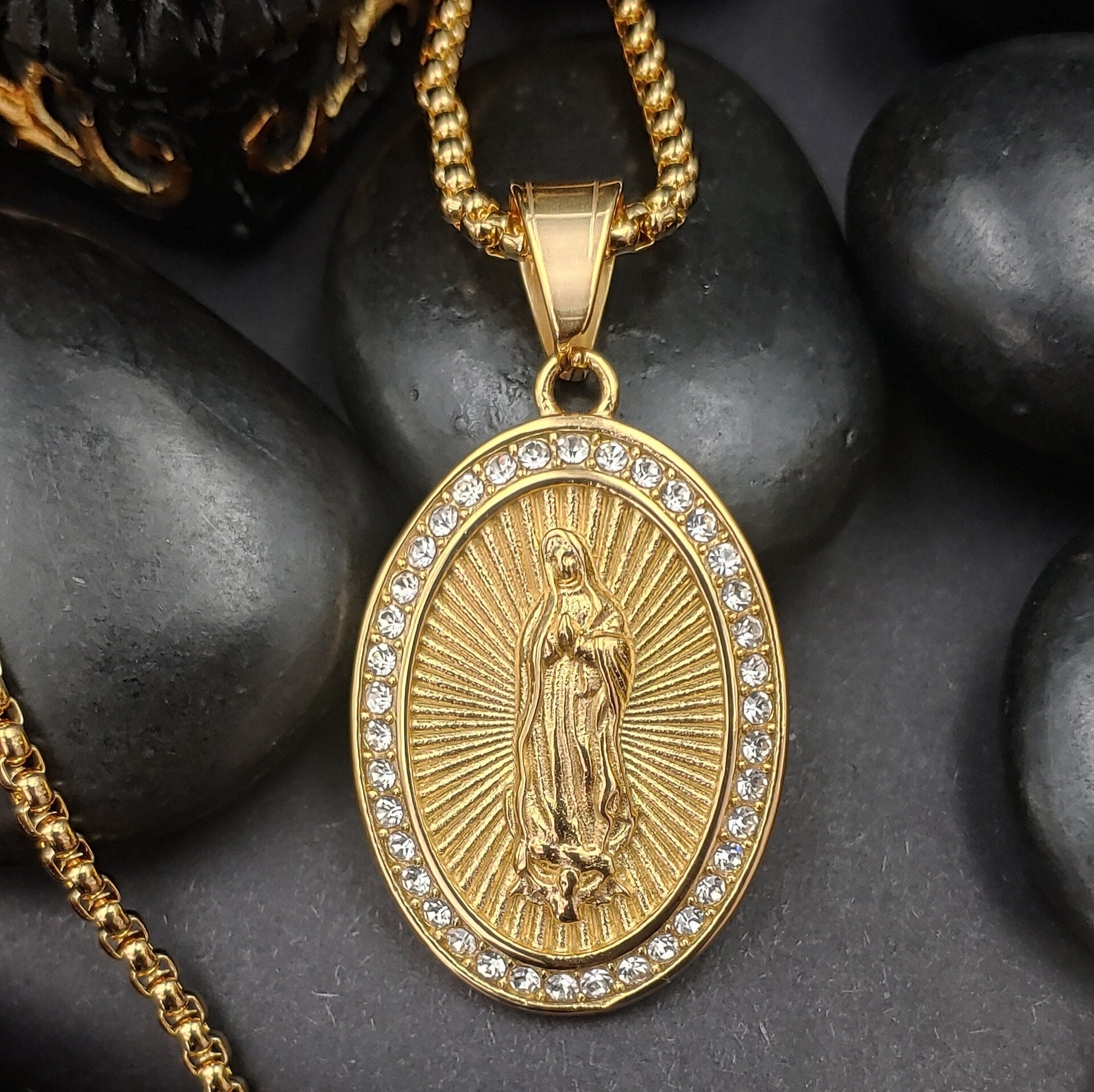 Our Lady Virgin Mary Pendant, Christian Madonna Medallion Iced Out ...