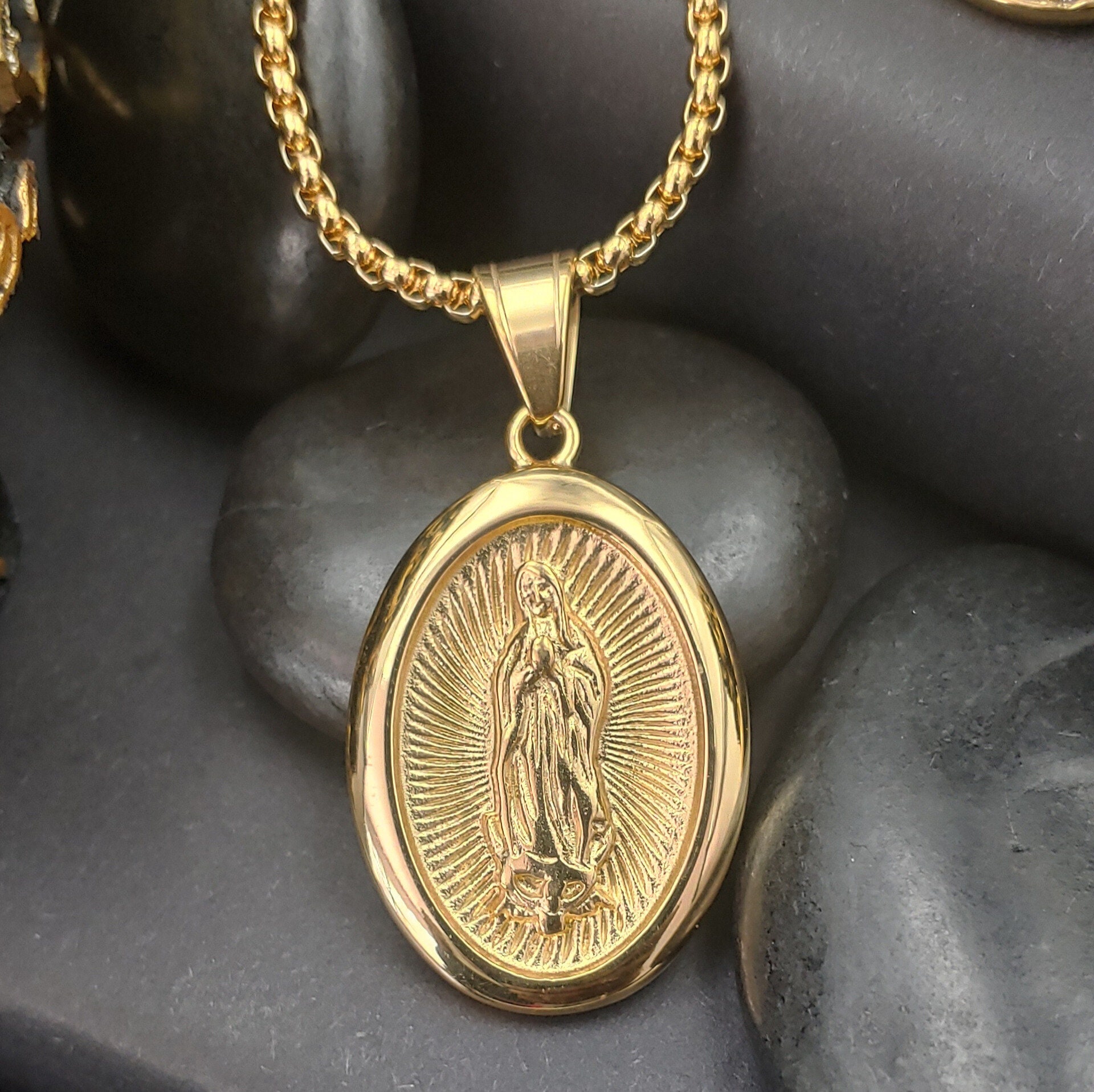 Our Lady Virgin Mary Pendant, Christian Madonna Medallion Iced Out ...