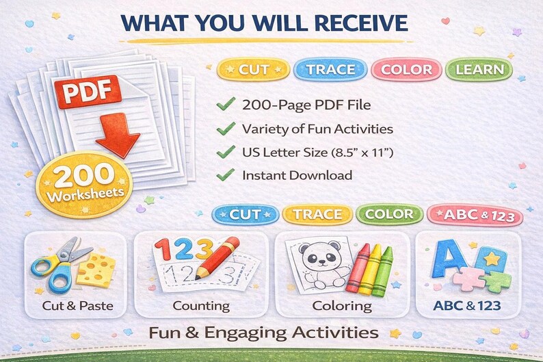 200 Preschool Worksheets Bundle | Tracing, Cutting, Coloring, ABC ...