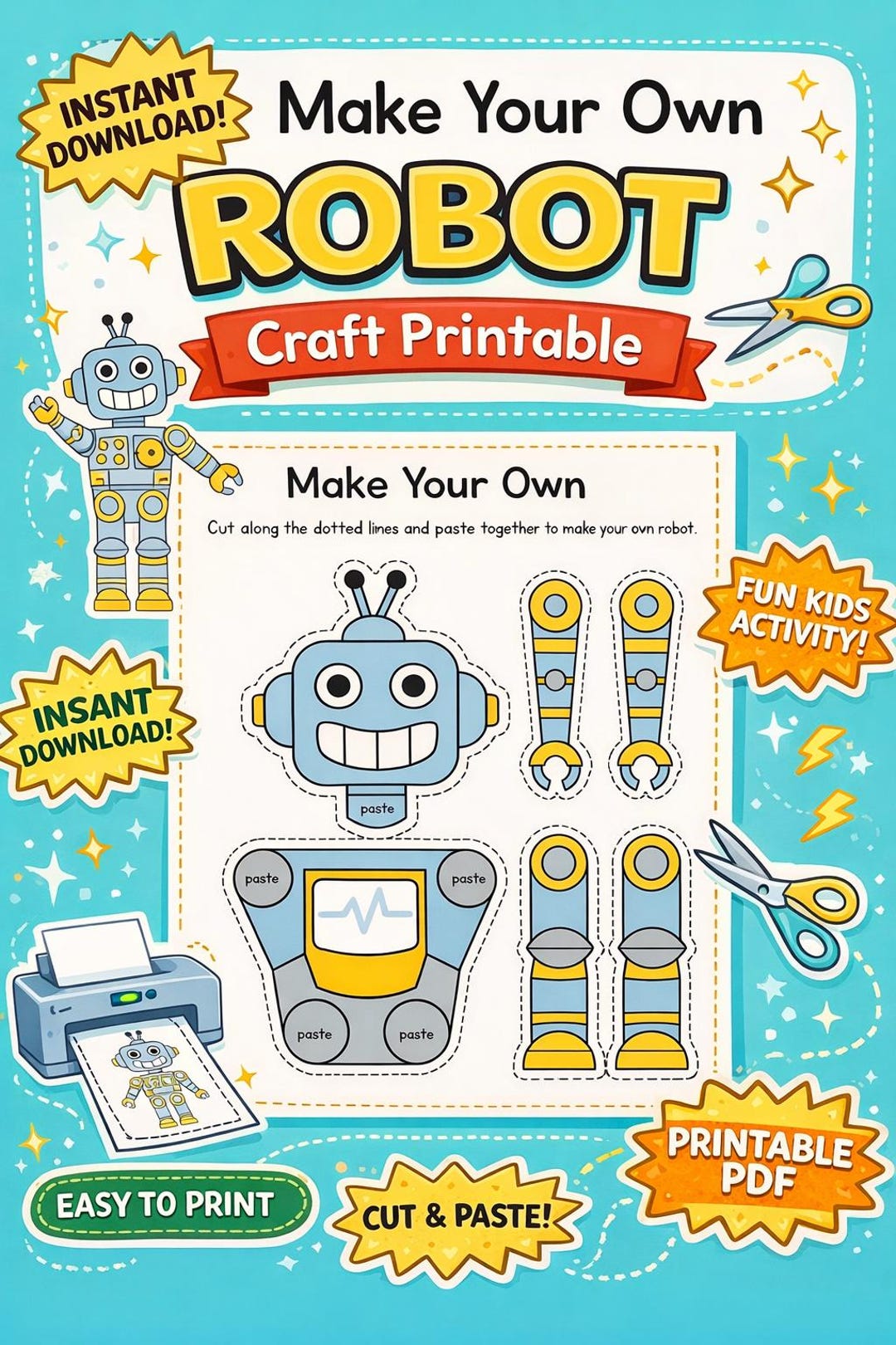 Robot Cut and Paste Activity, Preschool Printable Craft, Scissor Skills ...