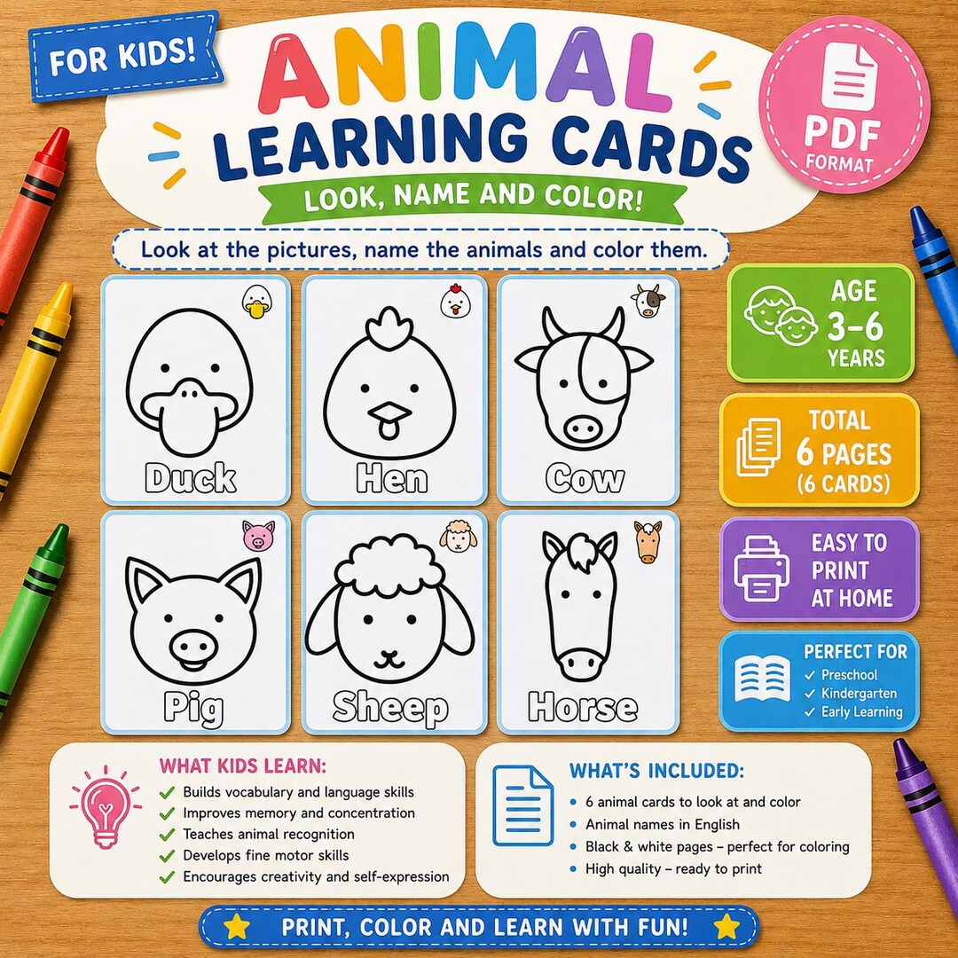 Farm Animal Coloring Cards for Kids, Printable Learning Activity (PDF ...