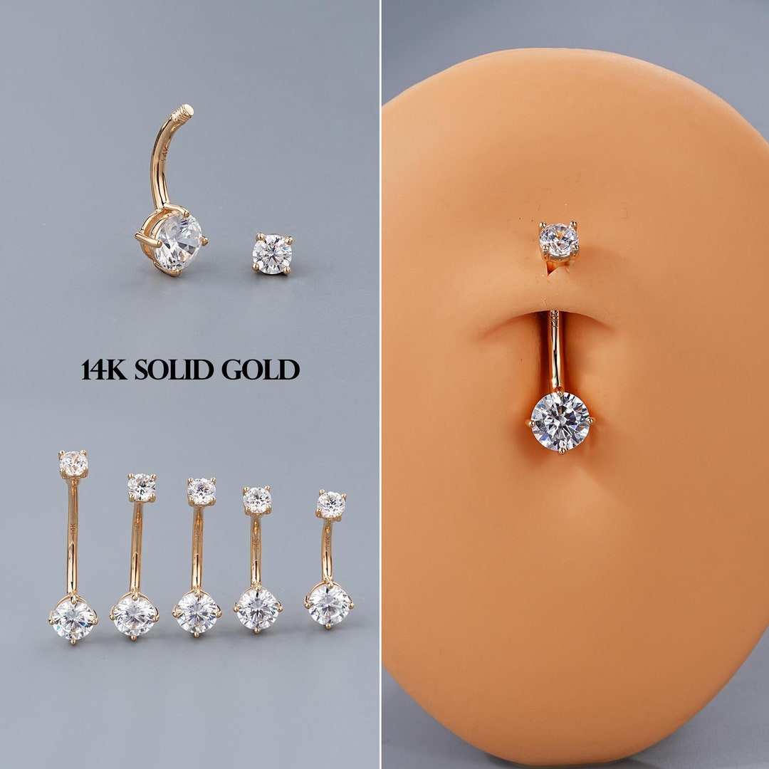 14K Solid Gold Round CZ Belly Button Ring/14g Screw-on Navel Ring With ...