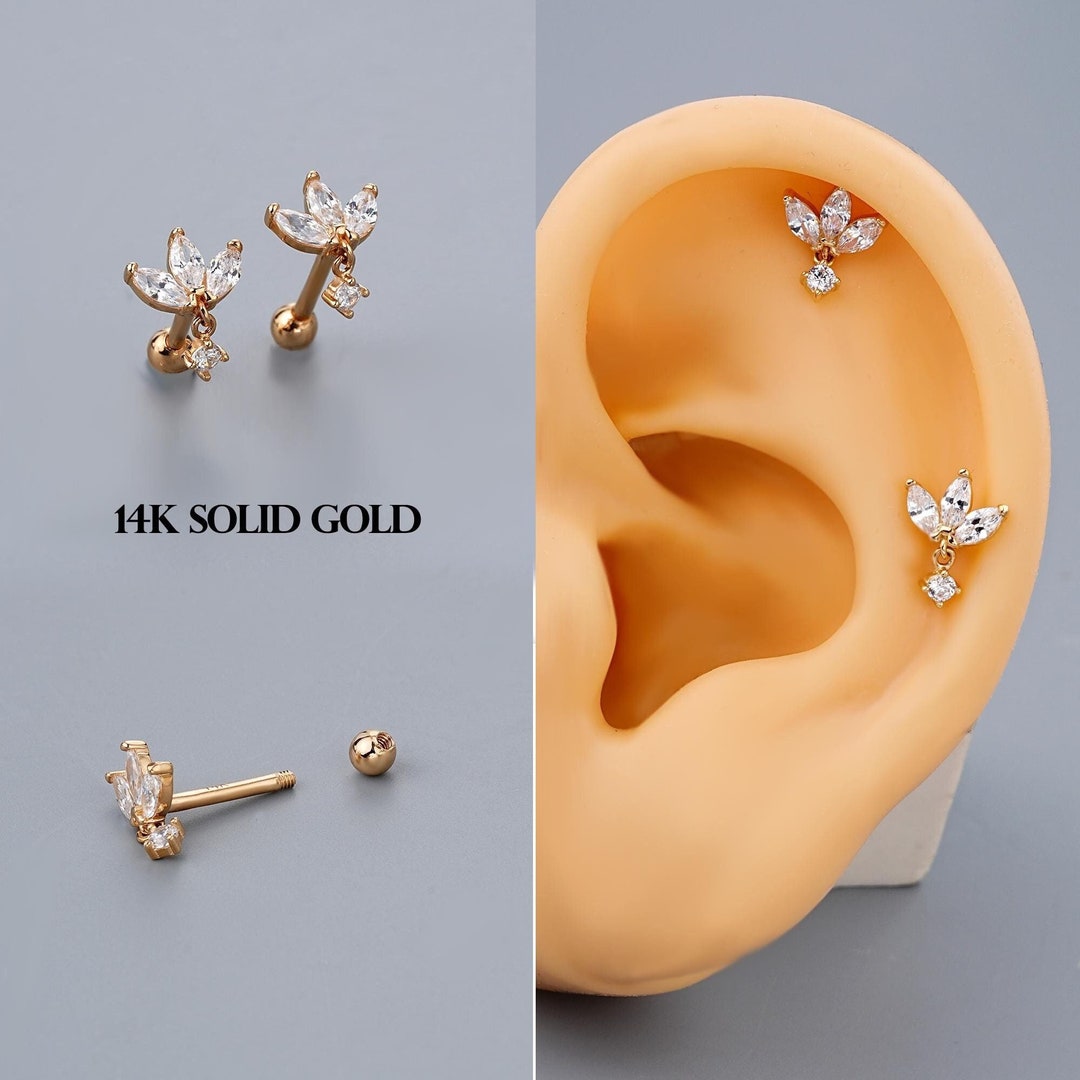 14K Gold Lotus Cartilage Stud/crown Helix/tragus/conch Piercings/16g ...