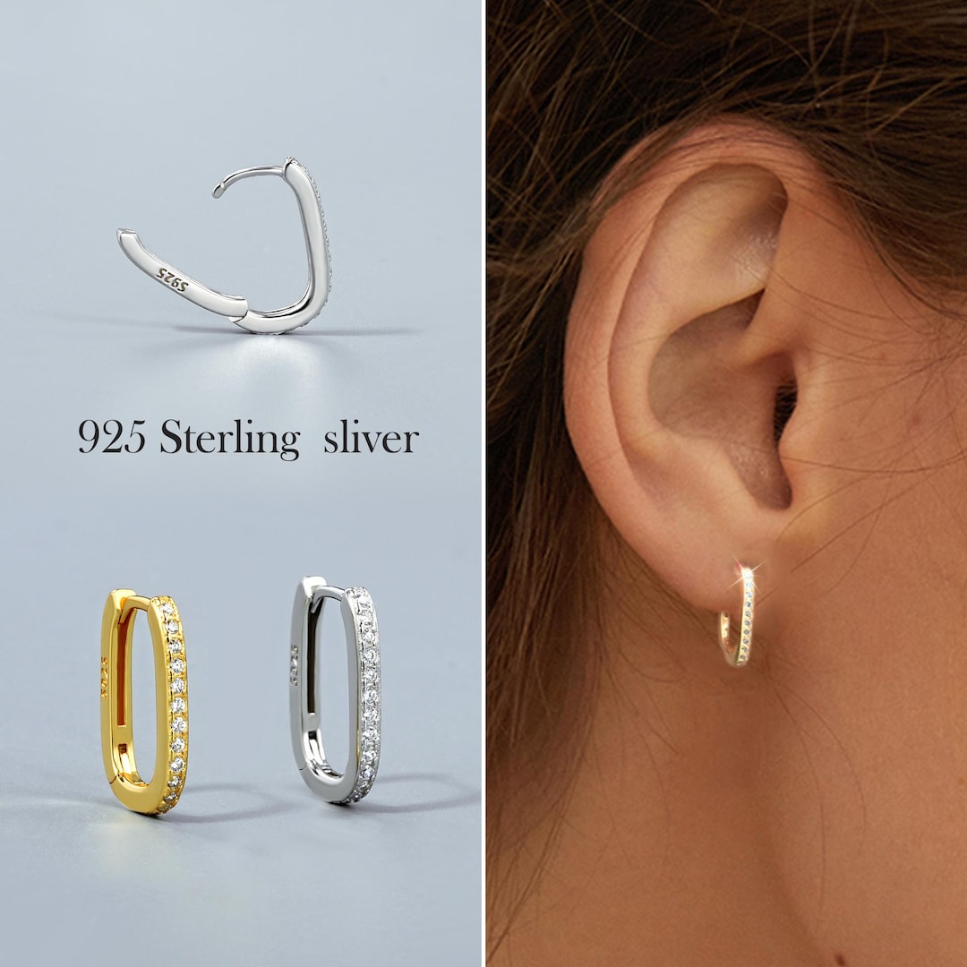 925 Sterling Silver Rectangular Hoop Earrings – Micro Pave Sparkling CZ ...